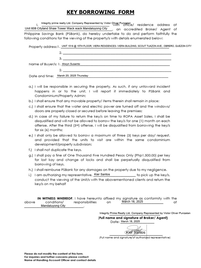Key Borrowing Form - VIERA 0320 | PDF