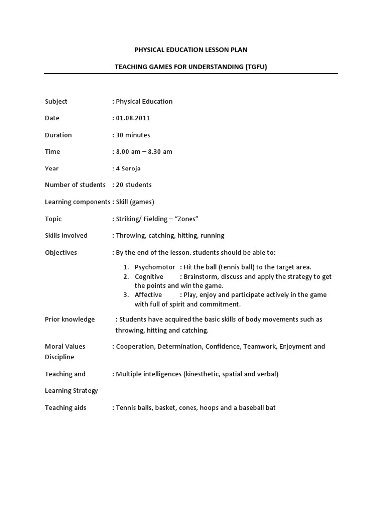 Physical Education Lesson Plan Teaching Games For Understanding (Tgfu ...