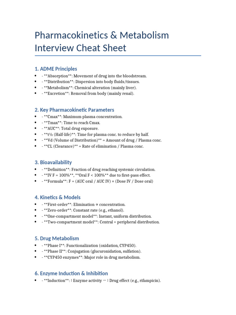 PK Metabolism Cheat Sheet | PDF