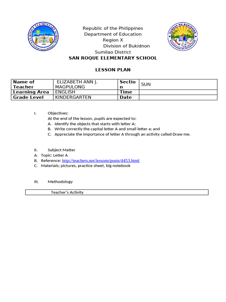 Kindergarten Lesson Plan: Letter A | PDF | Classroom | Lesson Plan