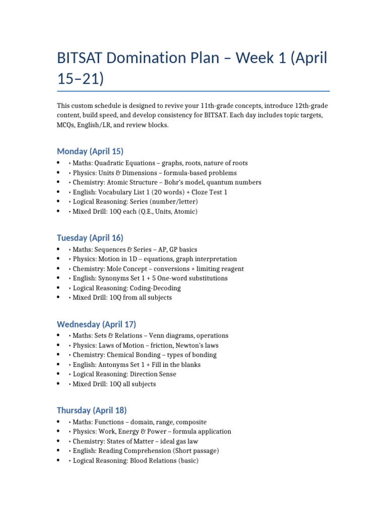 BITSAT Week1 Schedule | PDF