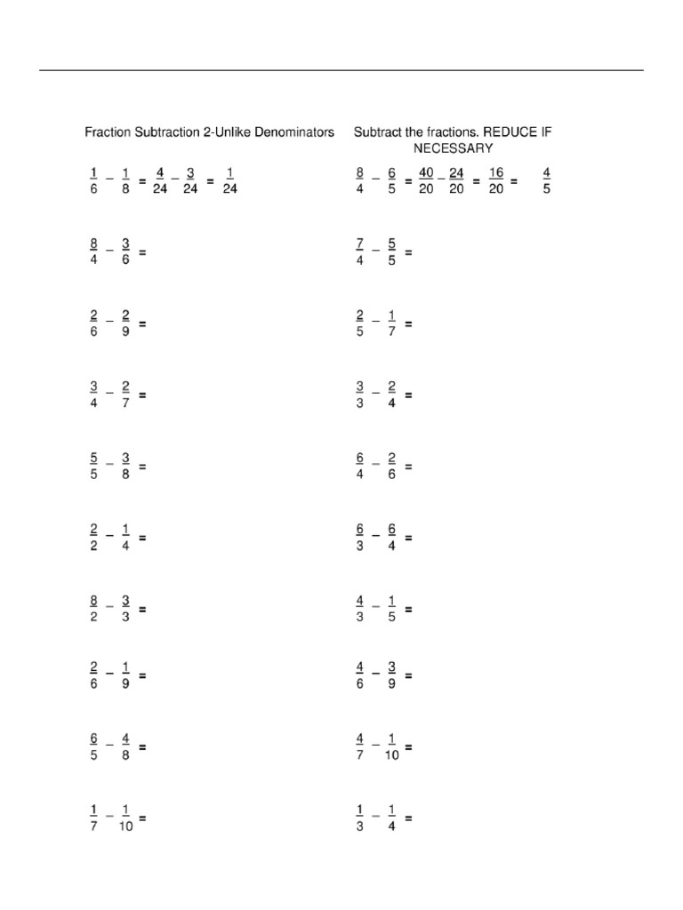 Subtracting Fractions Unlike Denominators | PDF