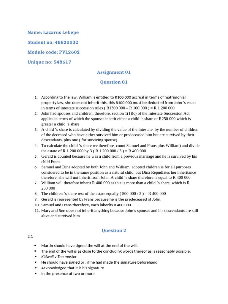 Law of Succesion Assignment 1st Semester 2019 | PDF | Will And ...