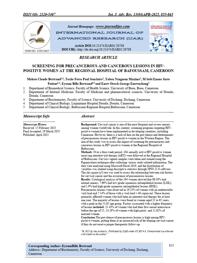 Screening For Precancerous and Cancerous Lesions in Hiv Positive Women ...