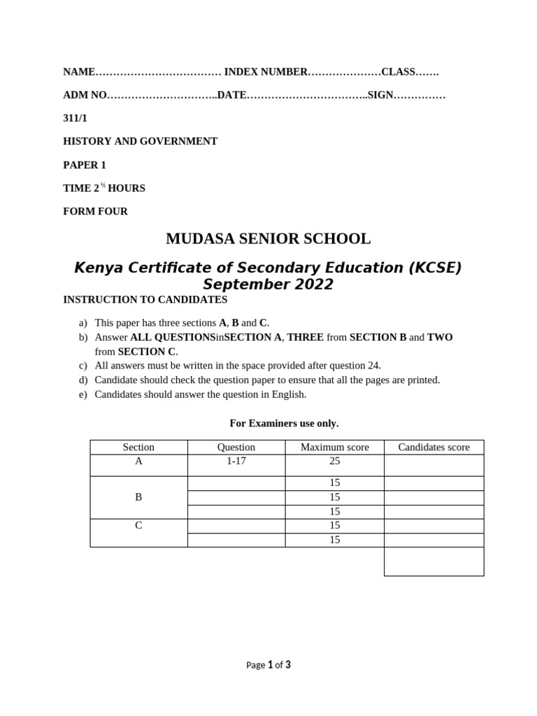 History Question Paper 1 | PDF | Kenya