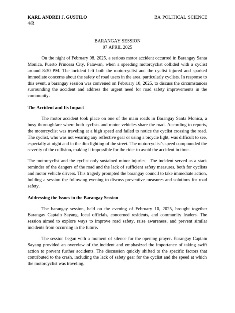 Barangay Santa Monica Road Safety Measures | PDF | Traffic Collision ...