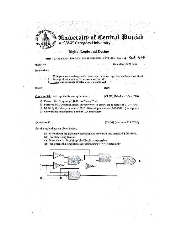 Digital Logic and Design (DLD) Mid Term Spring 2024 | PDF