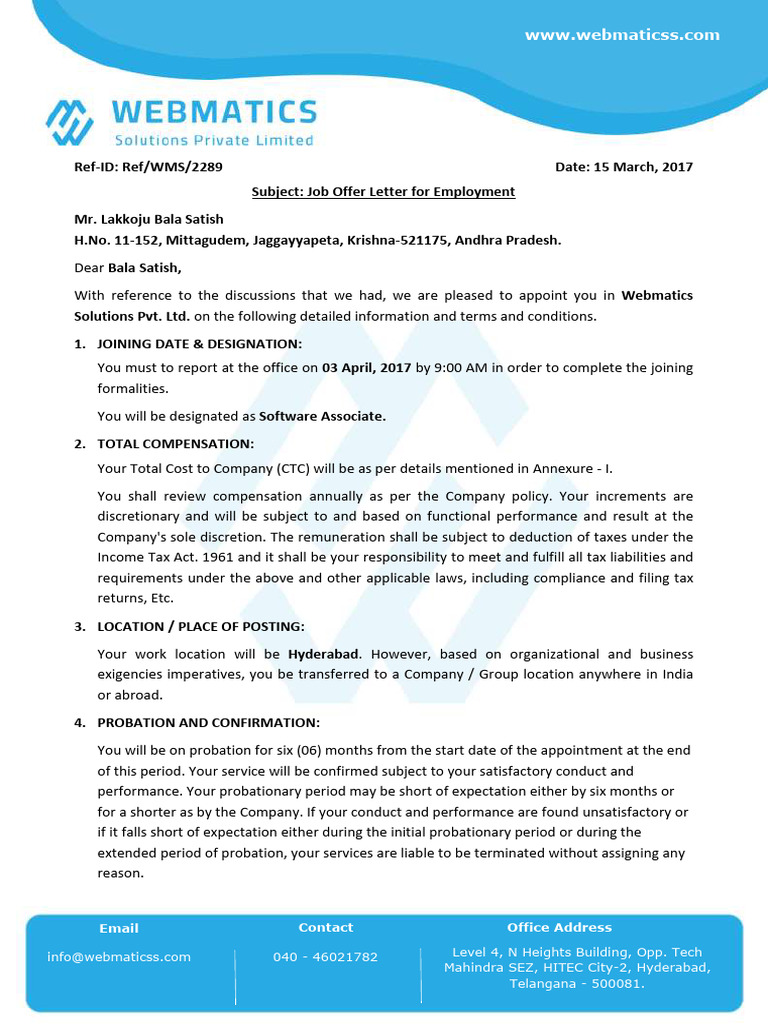 Lakkoju Bala Satish - Offer Letter (Webmatics) | PDF | Employment | Business