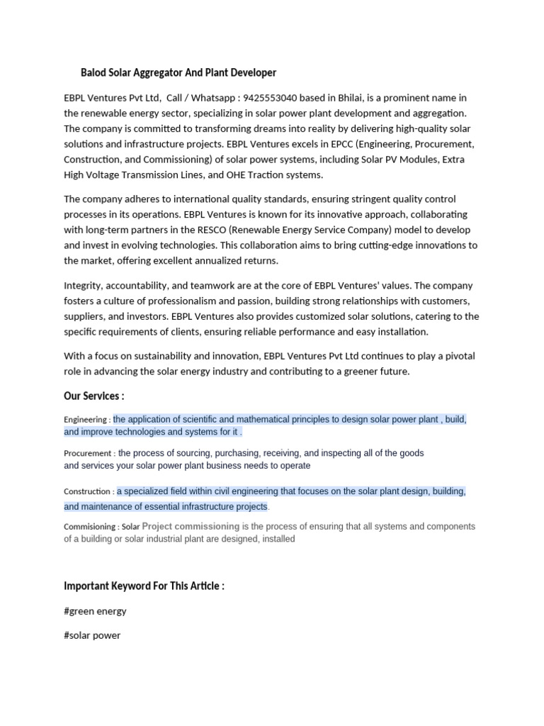 Balod Solar Aggregator and Plant Developer | PDF | Solar Power ...