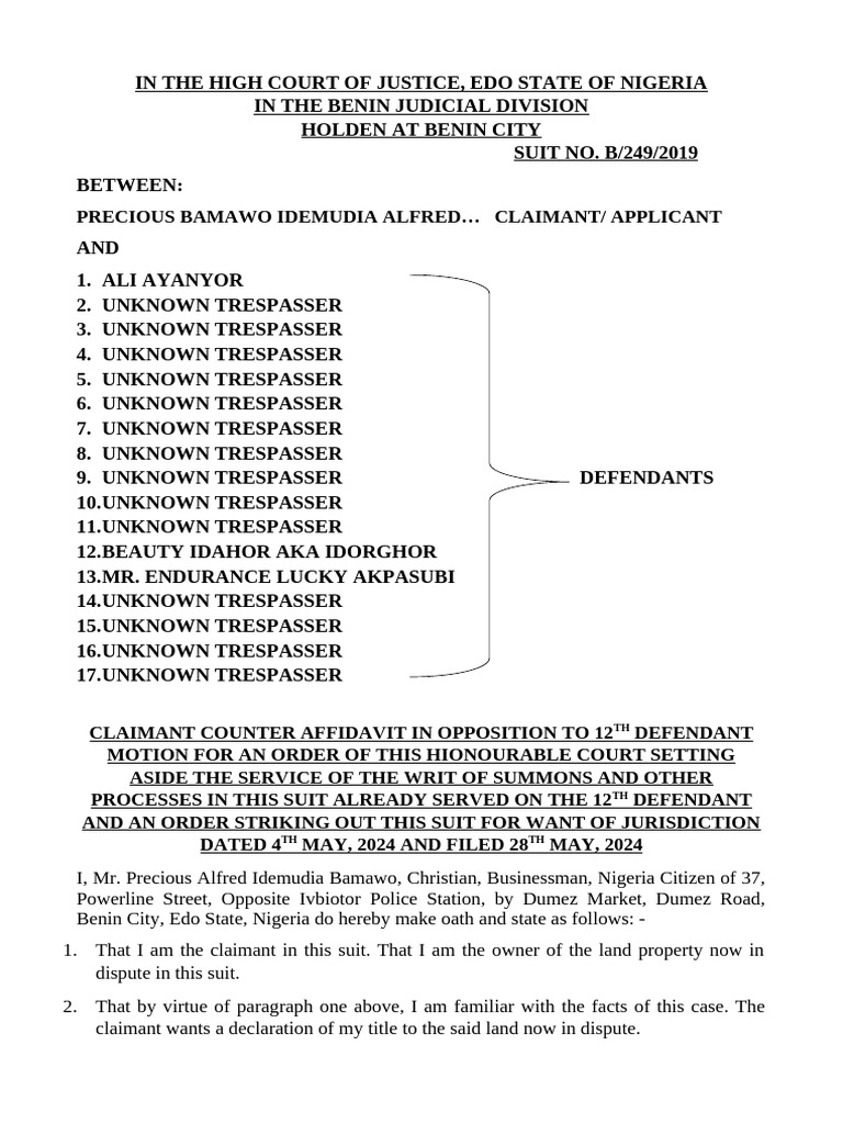 CLAIMANT COUNTER AFFIDAVIT IN OPPOSITION TO 12TH DEFENDANT MOTION FOP ...