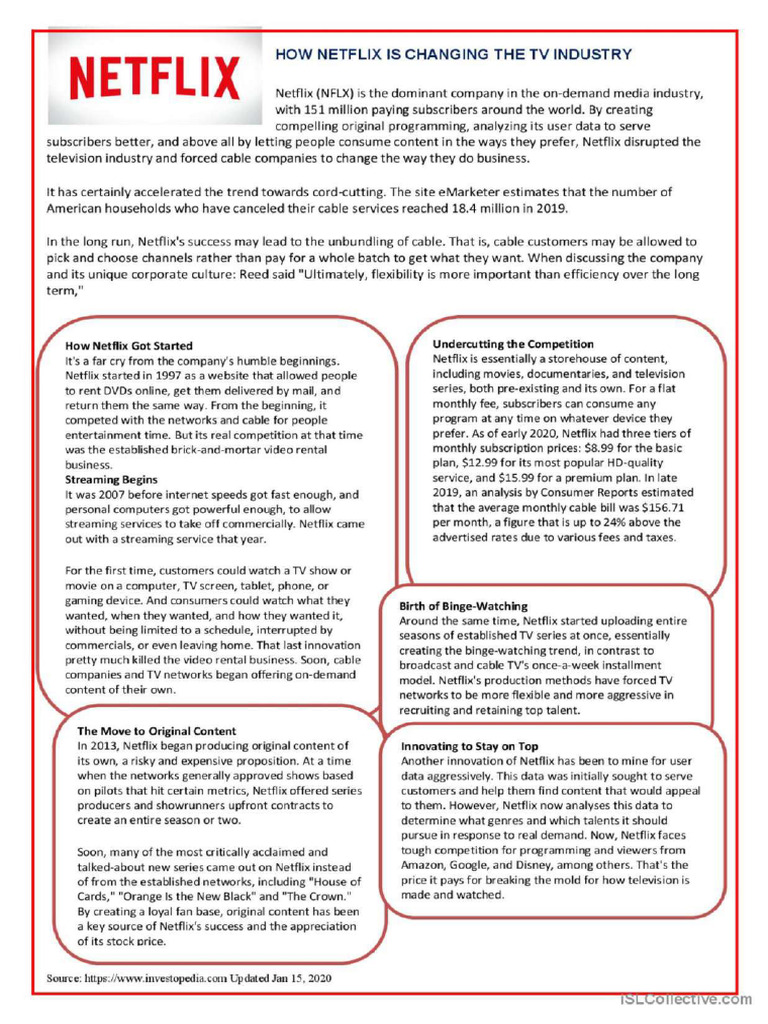 How Netflix Is Changing The TV Indutry Reading Comprehension Exercises ...