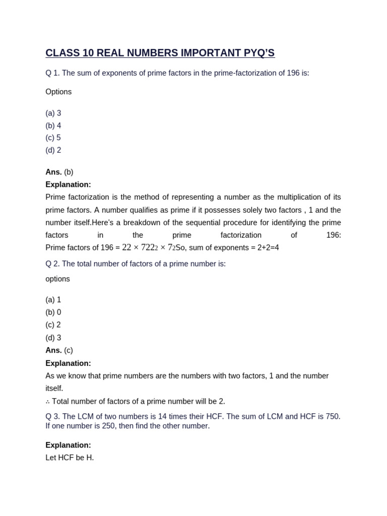 Class 10 Real Numbers Important Pyq | PDF