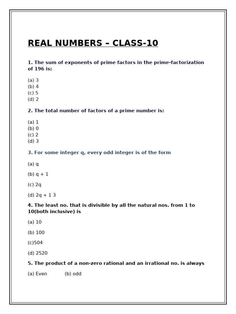 Real Numbers Class 10 Important Mcqs | PDF | Rational Number | Abstract ...