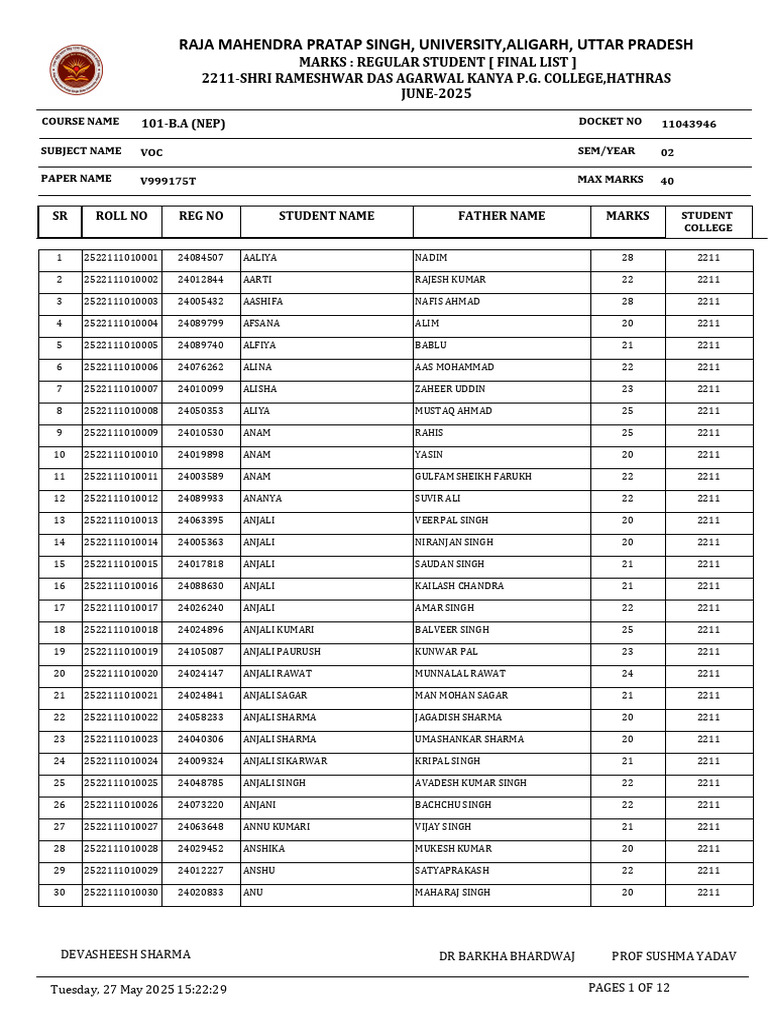 V999175T-2211 - 101 - VOC - 02 - REGULAR STUDENT - Marks | PDF
