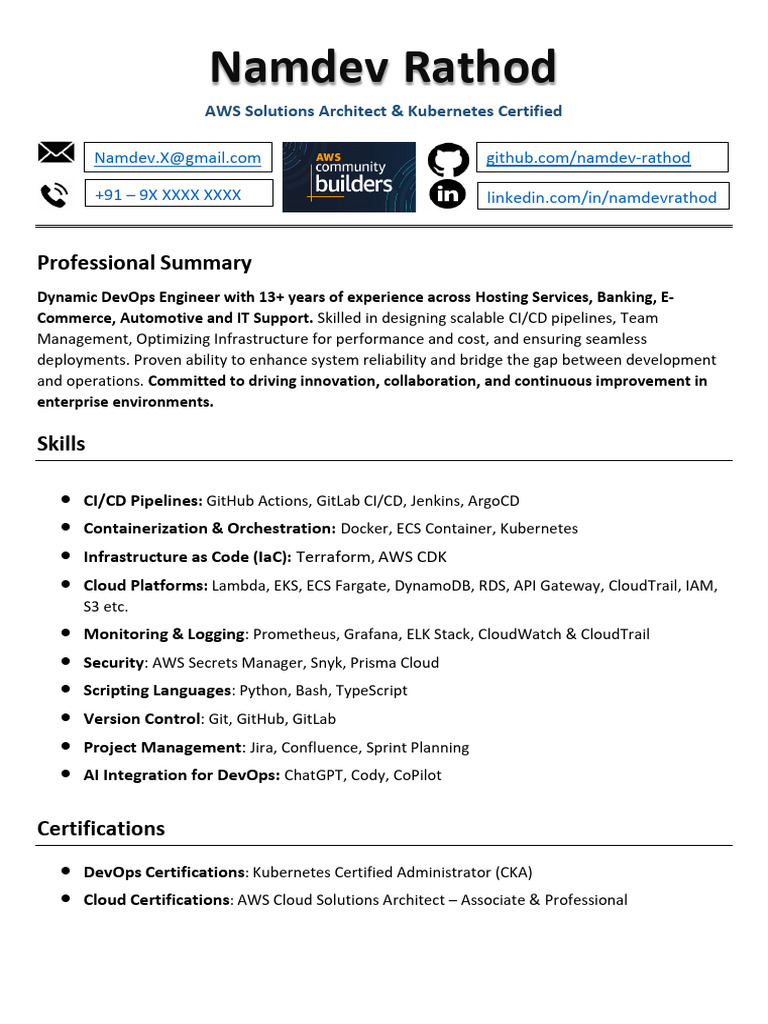 Namdev Rathod DevOps Engineer Resume | PDF | Information Technology Management | Software ...