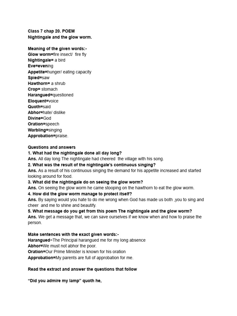 Nightingale and Glow Worm: Poem Insights | PDF