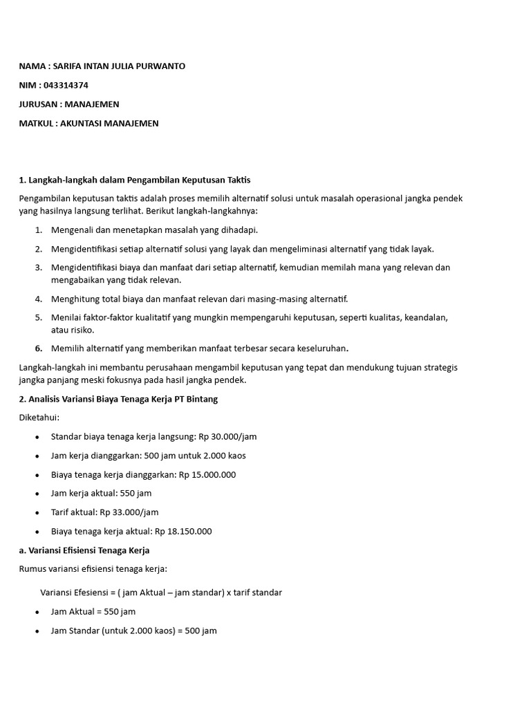 Tugas 3 Akuntansi Manajemen Sarifa Intan Julia P | PDF