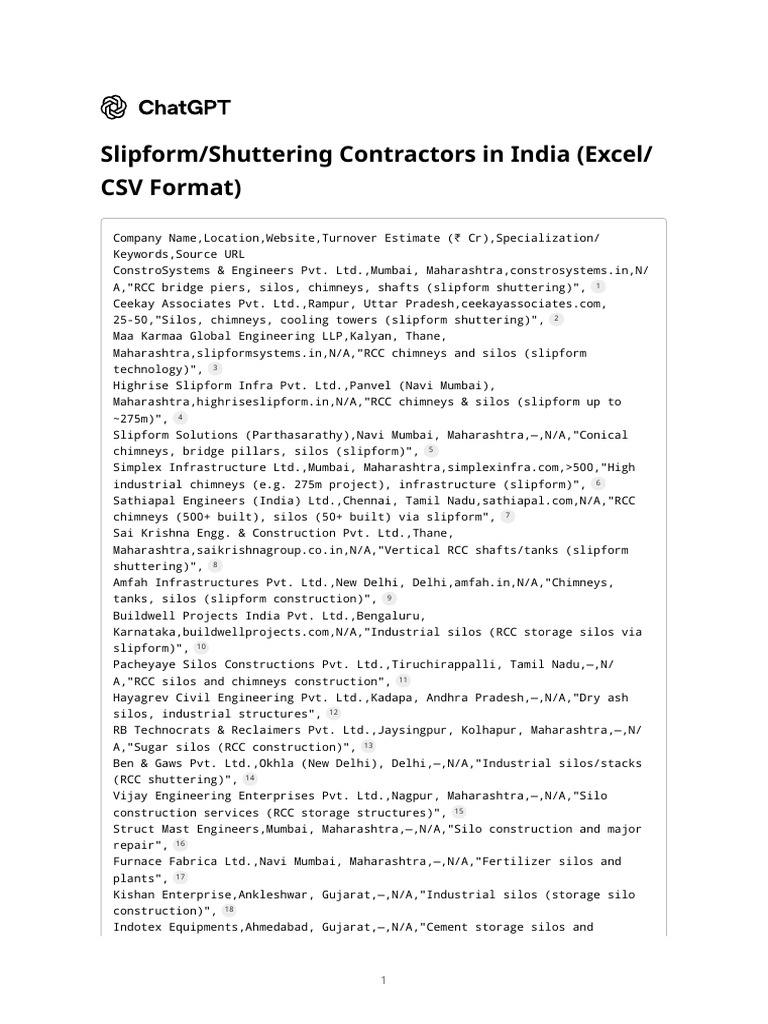 Slipform - Shuttering Contractors in India (Excel - CSV Format) | PDF ...