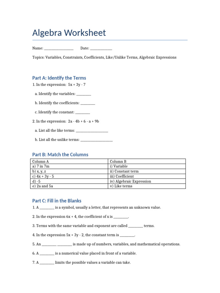 Algebra Worksheet Modified | PDF