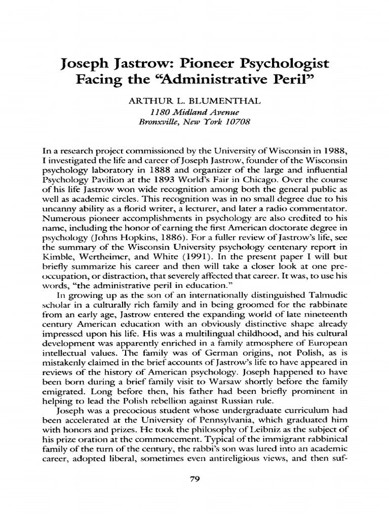 Joseph Jastrow Pioneer Psychologist Facing The "Administrative Peril ...