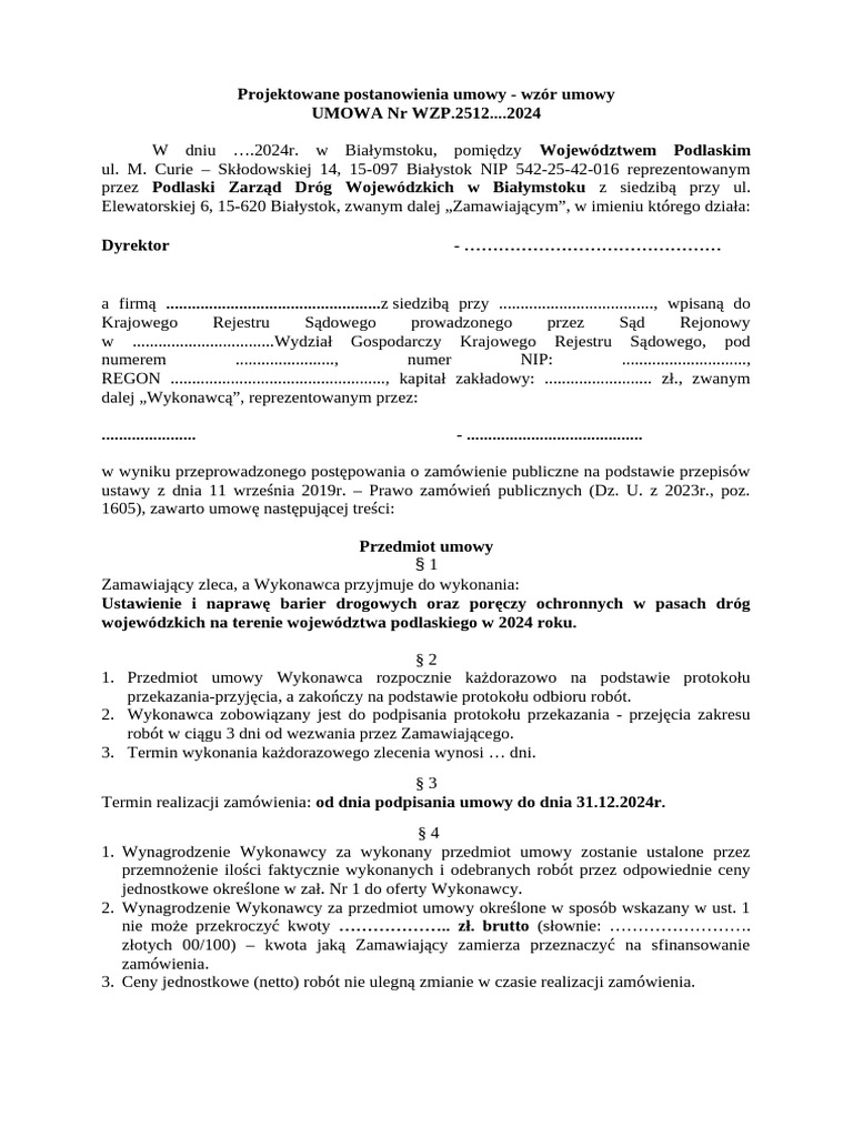 Projektowane Postanowienia Umowy - Wzór Umowy | PDF