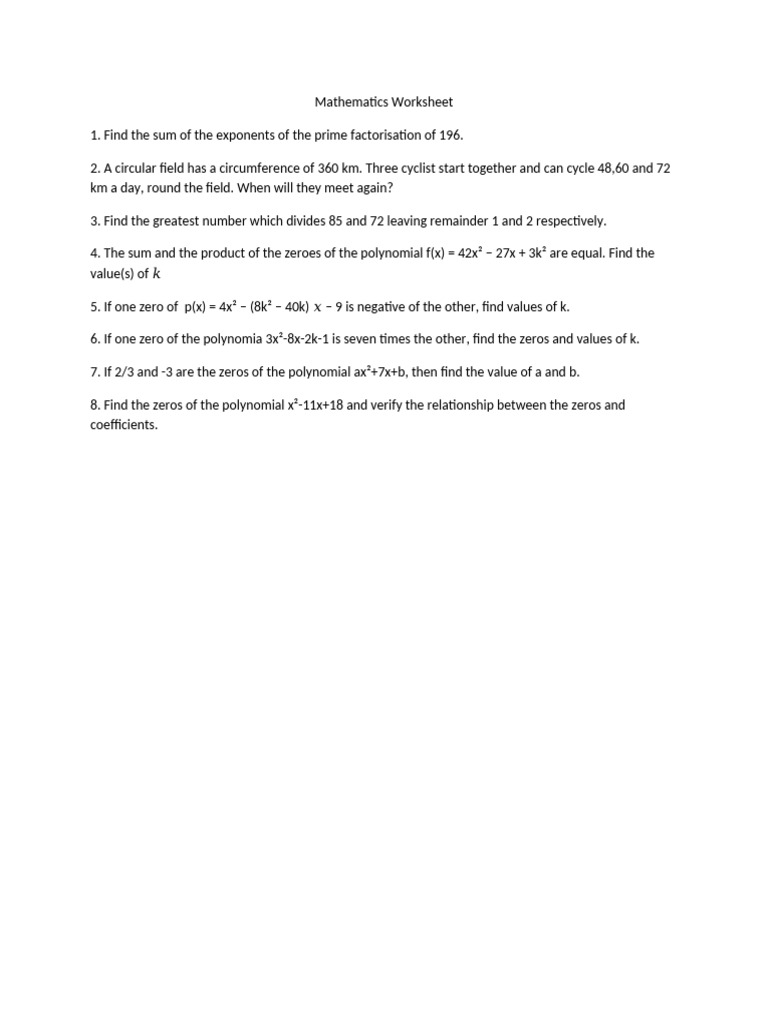 Mathematics Worksheet | PDF