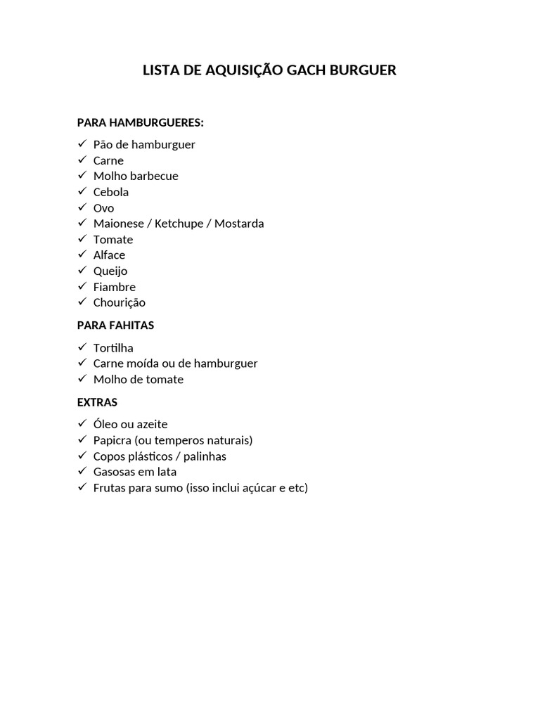 Lista de Ingredientes para Gach Burguer | PDF