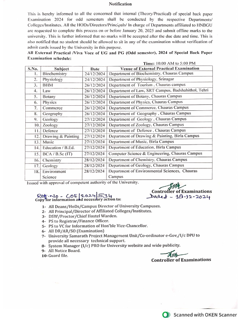 Special Back Paper Exam Schedule 2024-2025 | PDF