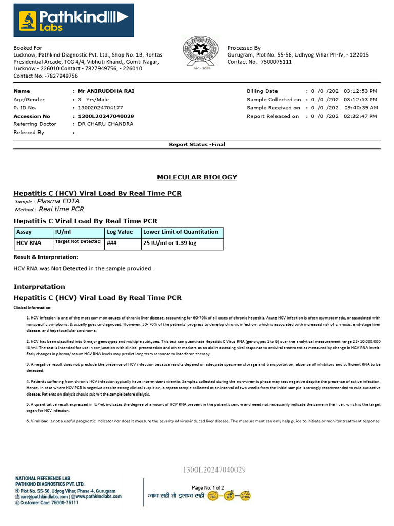 HCV Viral Load Test Results Report | PDF | Hepatitis C | Hepatitis