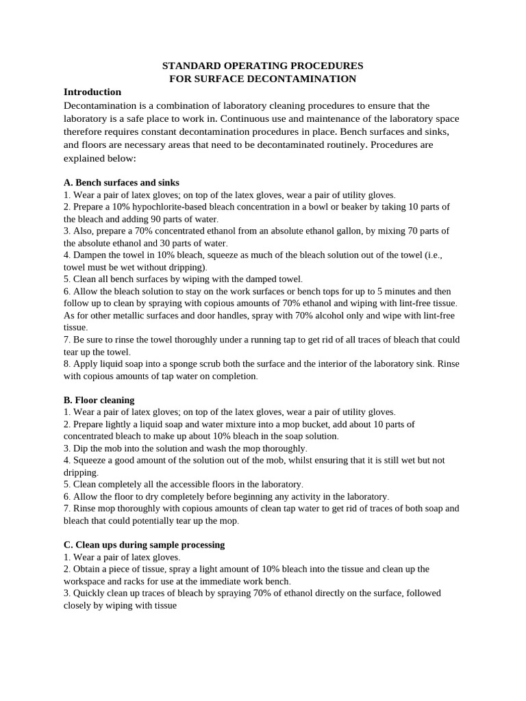 Laboratory Surface Decontamination SOP | PDF
