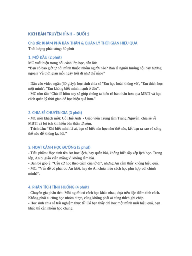 Kich Ban Truyen Hinh Buoi 01 | PDF