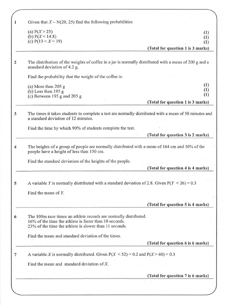 Normal Distribution - Maths Genie - Find Prob Mean SD - Questions With ...