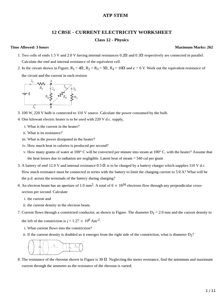 12 CBSE - Current Electricity - Worksheet | PDF | Voltage | Resistor