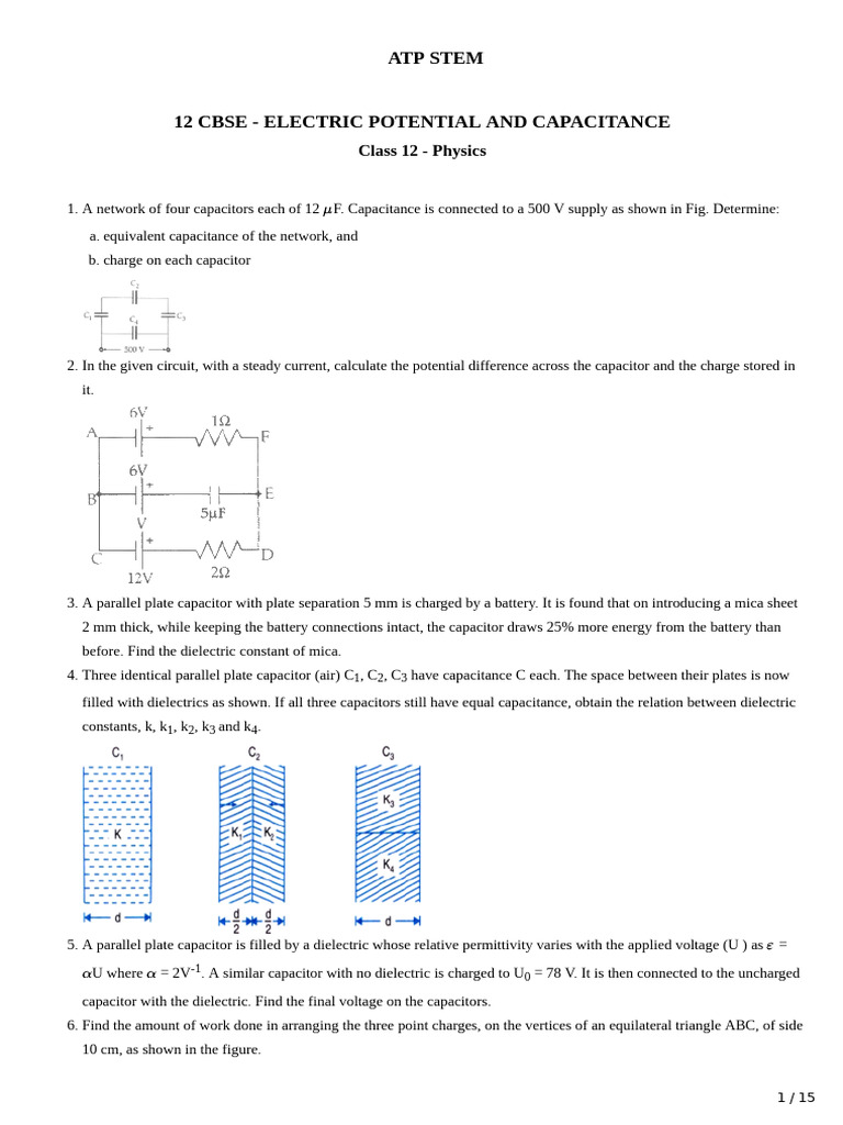 12 CBSE - Electric Potential and Capacitance - Worksheet | PDF ...