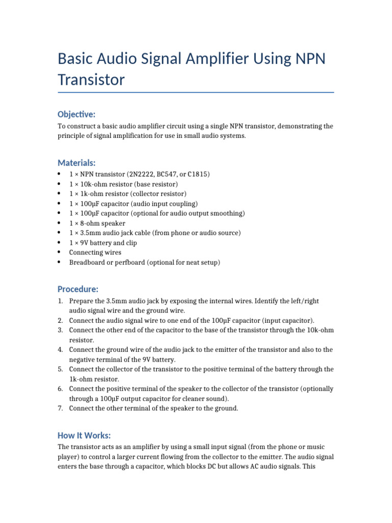 Basic_Audio_Amplifier_Transistor | PDF