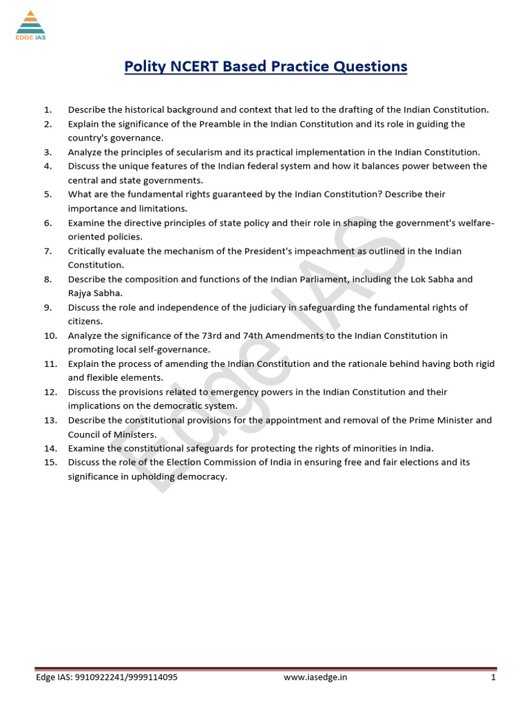 Polity NCERT Based Practice Questions | PDF