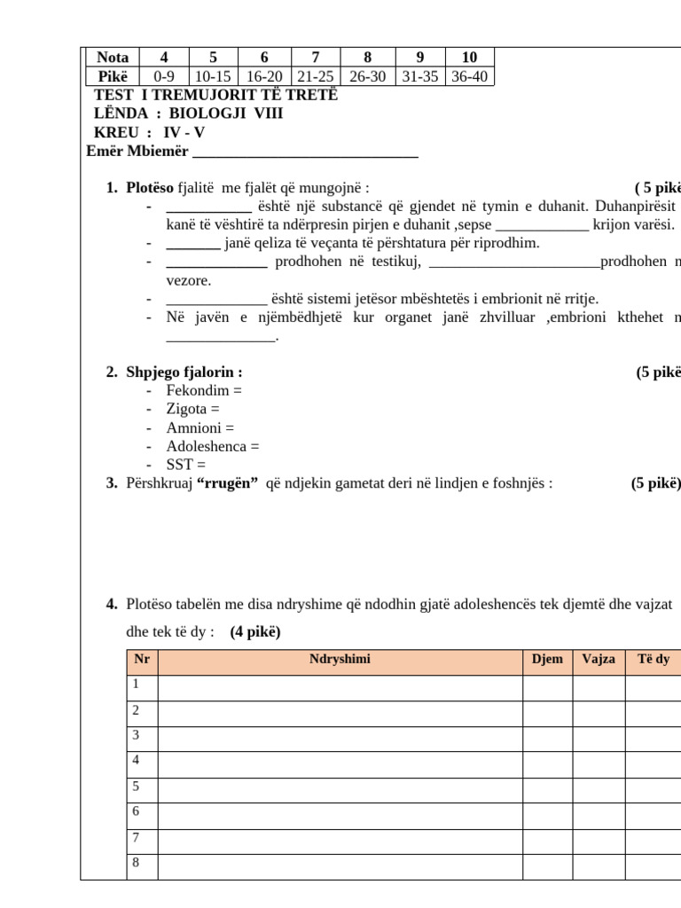Biologji 8 - Pegi Test 3 | PDF