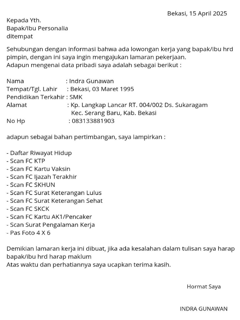CV Lamaran Kerja Indra Gunawan | PDF
