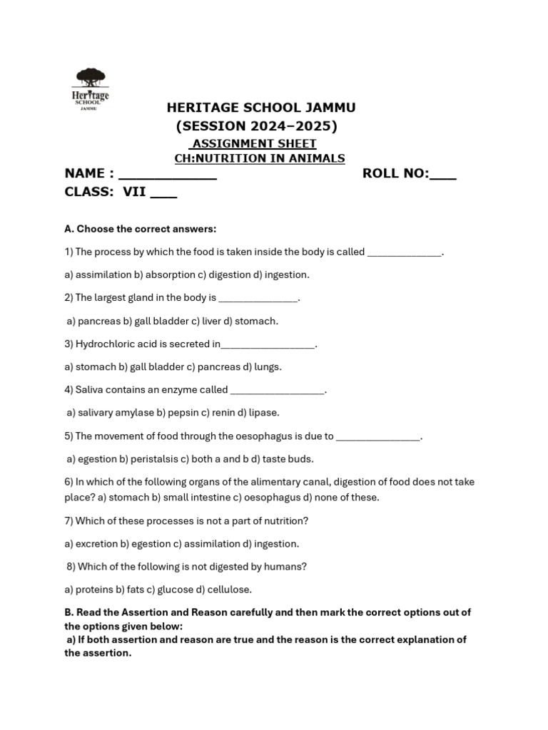 Nutrition in Animals Worksheet-1 | PDF