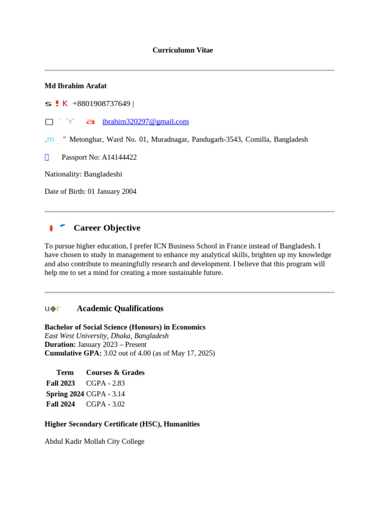 Curriculumn Vitae of MD Ibrahim Arafat | PDF | Bangladesh | Educational Stages