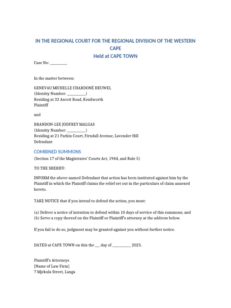 Summons (Combined Summons Divorce) Docx | PDF | Summons | Judiciaries