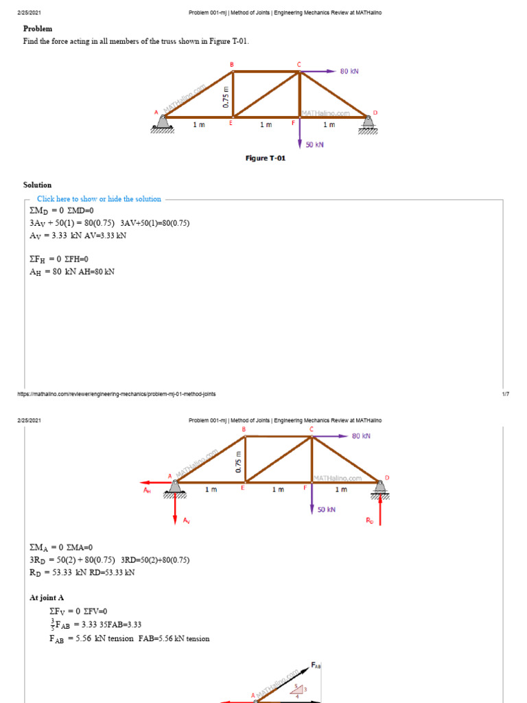 Method of Joints Solved Examples | PDF | Truss | Structural Engineering