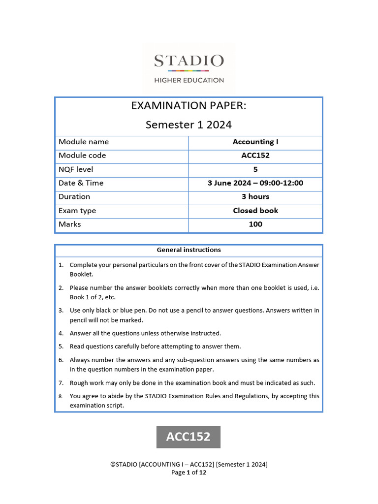 Acc152 2024 01 Exam Paper | PDF | Debits And Credits | Business Economics