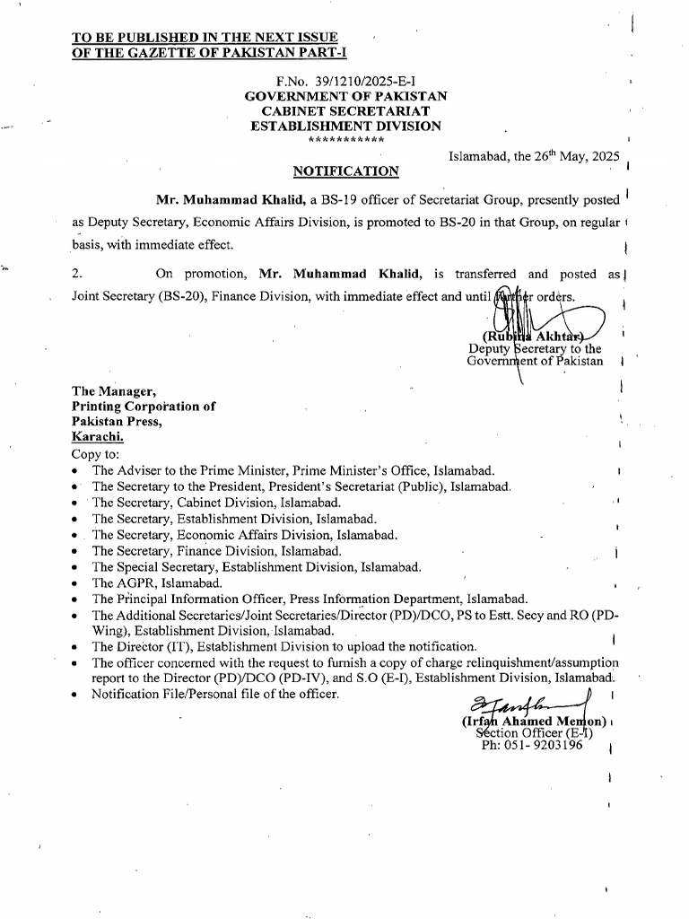 Promotion Notifications of SG BS-20 Officers | PDF | Government Of Pakistan | Islamabad
