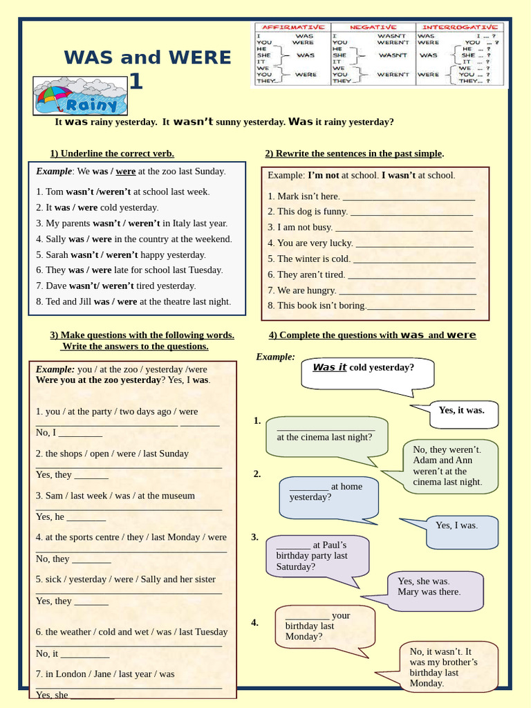 Past Simple: WAS and WERE Exercises | PDF