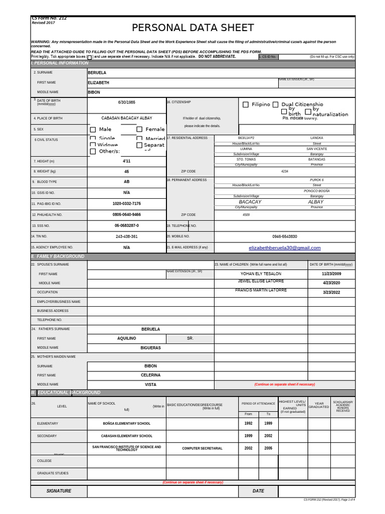 CS Form No. 212 Personal Data Sheet Revised | PDF