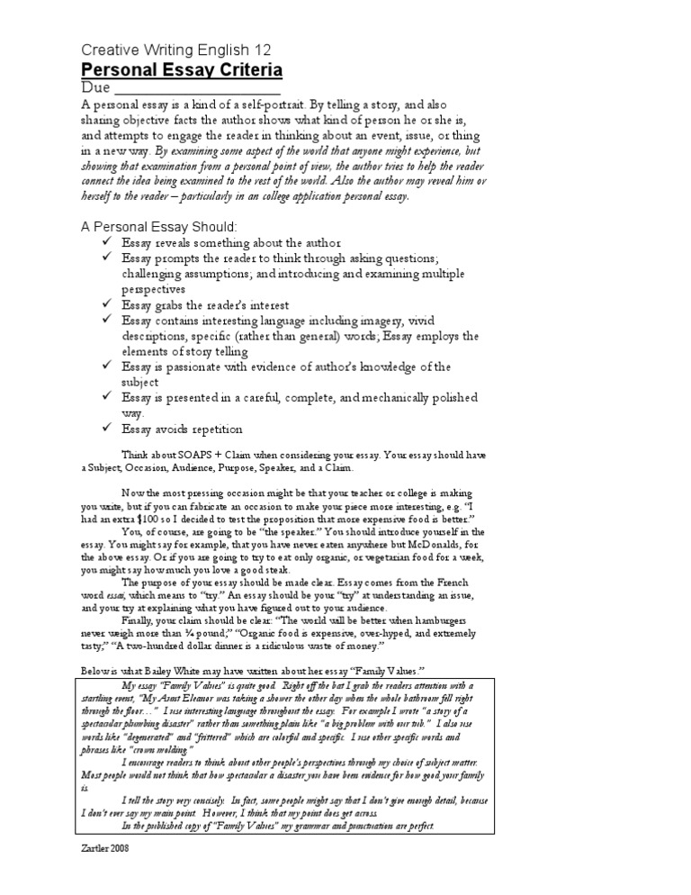 Personal Essay Criteria | PDF | Essays | Cognition