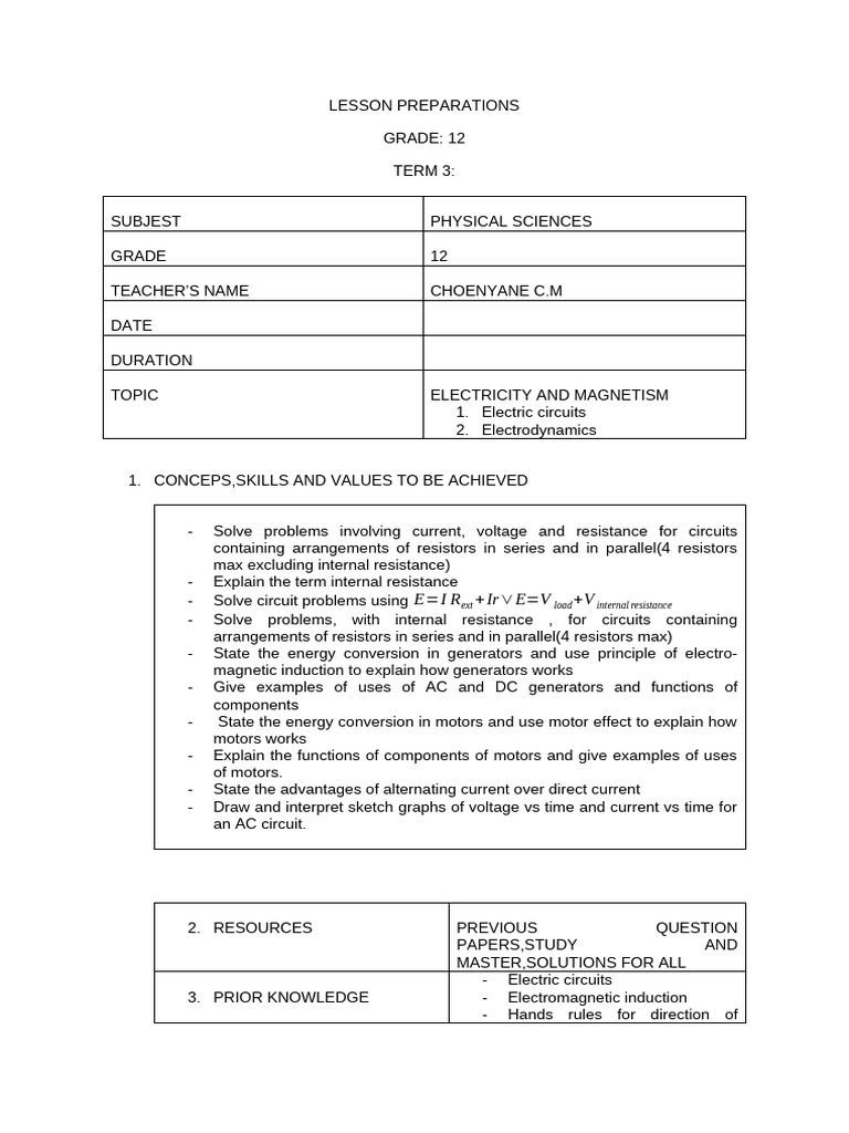 Grade 12 Electricity & Magnetism Lesson Plan | PDF | Electric Generator ...