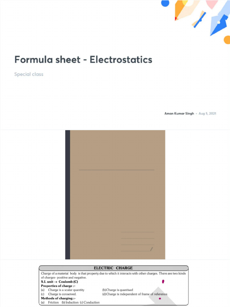 Formula Sheet Electrostatics No Anno | PDF