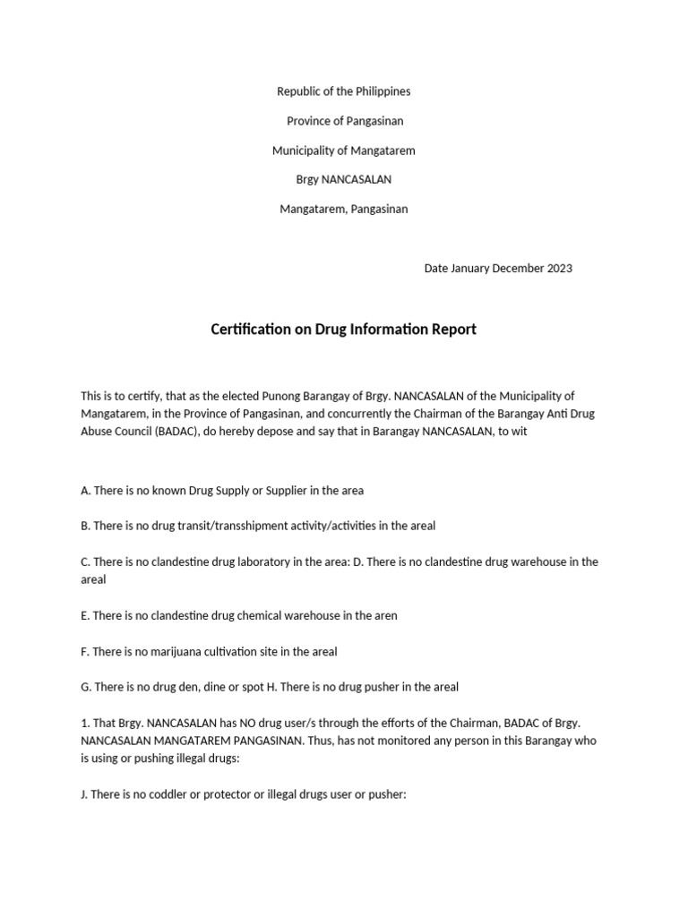 Certification On Drug Information Report | PDF | Social Aspects Of ...